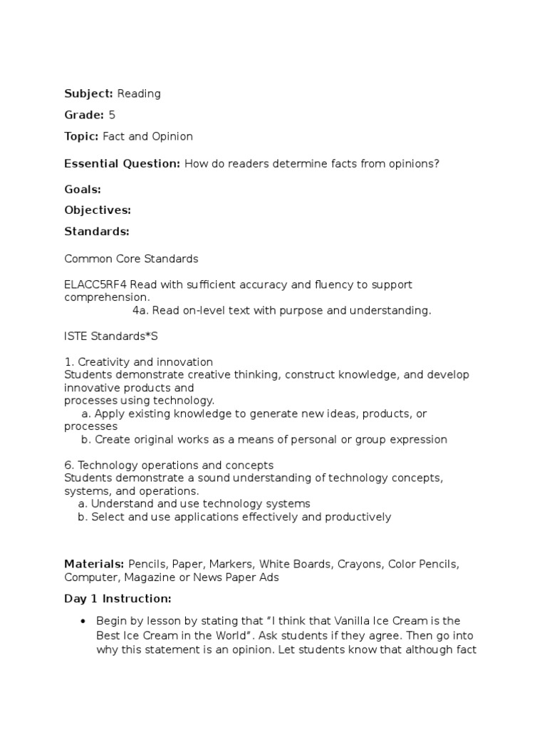 Fact and Opinion Lesson Plan | PDF
