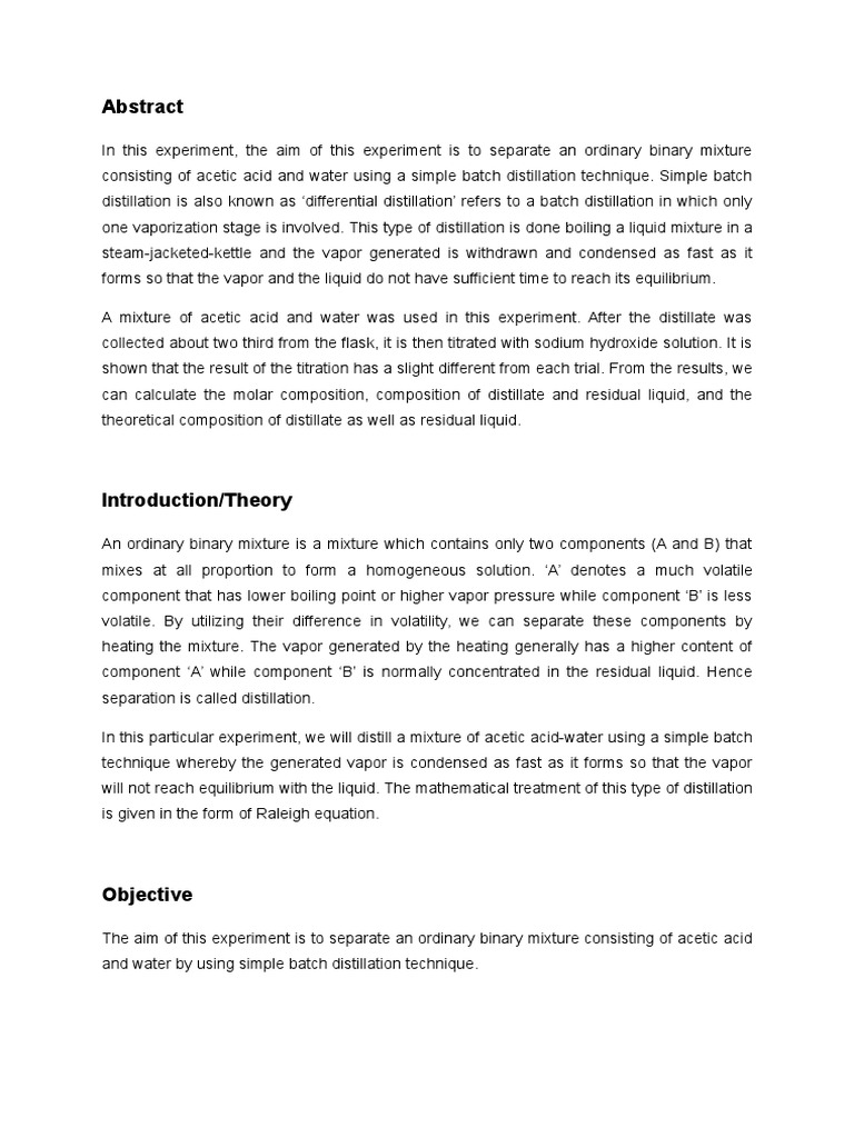 Lab Report Operation Unit Experiment 3 Separation Of An Ordinary Binary Mixture Consisting Of