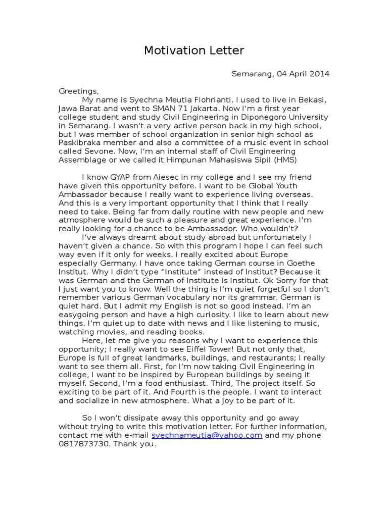 Motivation Letter for Global Youth Program | PDF | Social Science ...