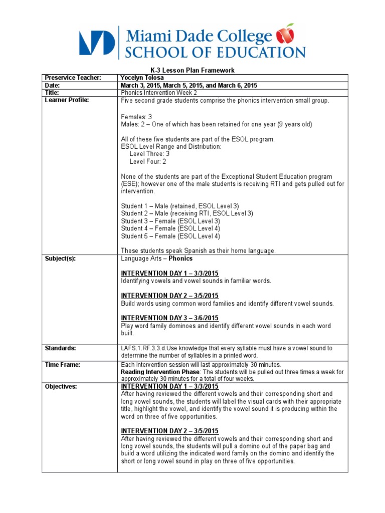 Phonics Intervention Plans for 2nd Grade | PDF | Phonics | Reading ...