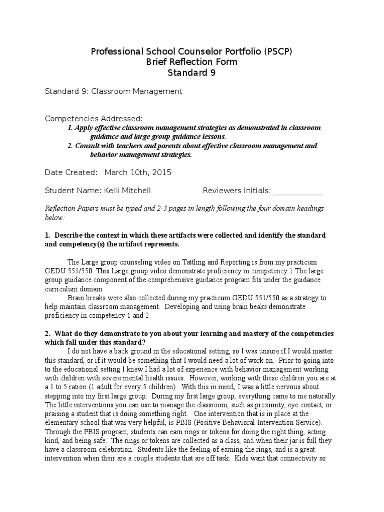 Classroom Management Strategies Reflection | PDF | School Counselor ...