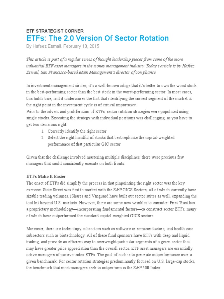 Etfs: The 2.0 Version of Sector Rotation: by Hafeez Esmail. February 10 ...