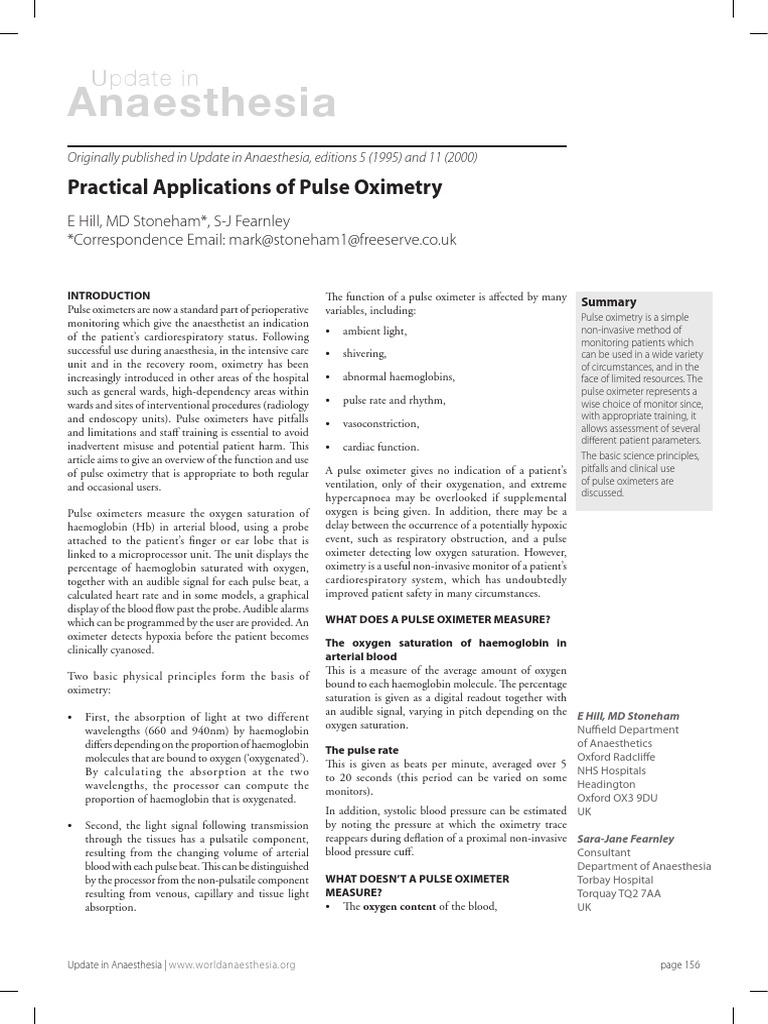Pulse Oximetry: Function and Use | PDF | Cardiovascular System | Health ...