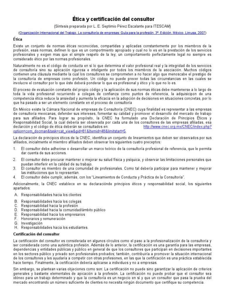 Etica y Certificacion Del Consultor | PDF | Calidad (comercial ...