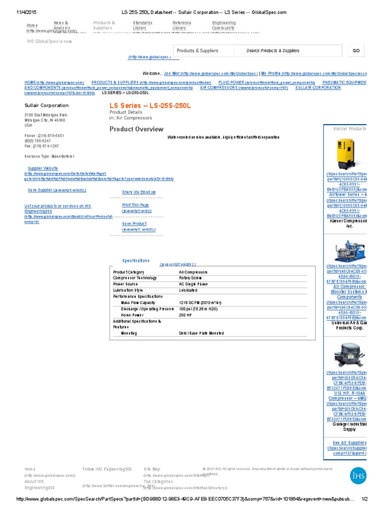 LS-25S-250L Datasheet - Sullair Corporation - LS Series - GlobalSpec ...