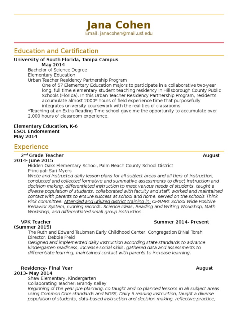 Jana Cohen's Teaching Experience & Education | PDF | Primary Education ...