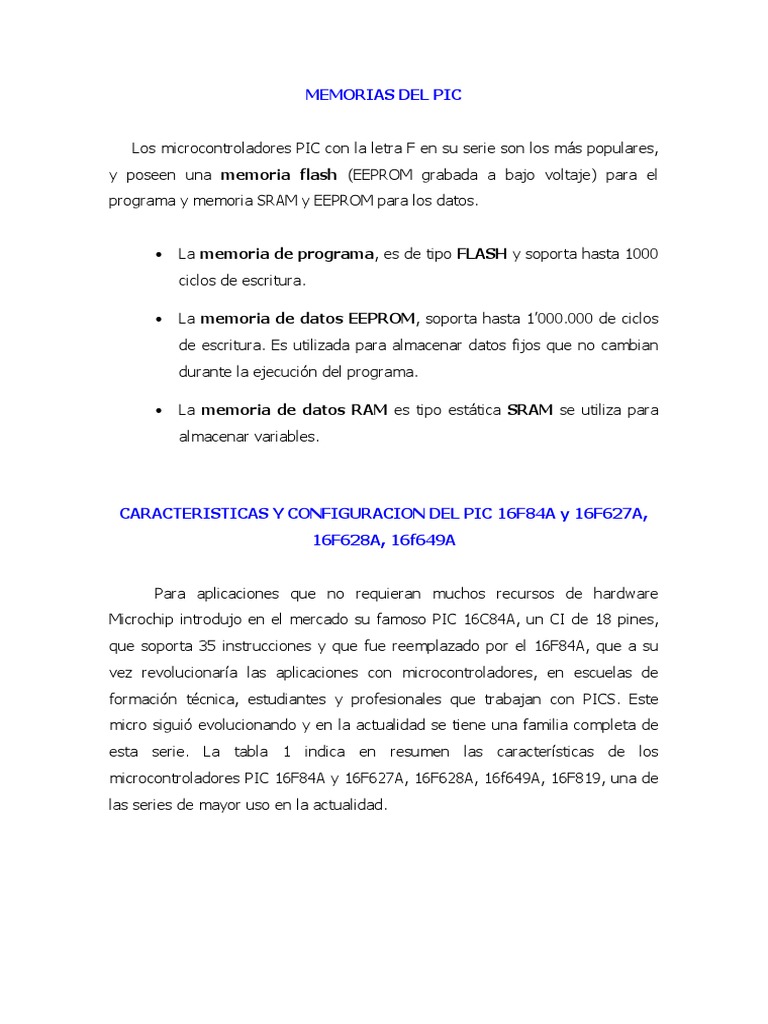 Características de la memoria y configuración de los microcontroladores ...