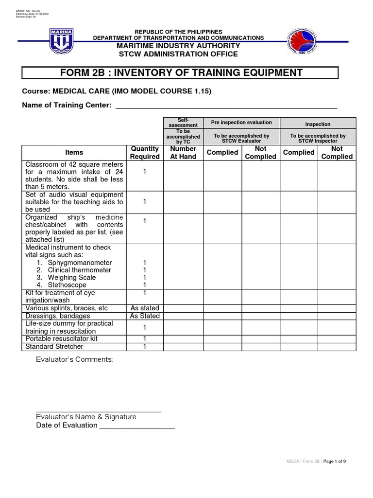 Form 2B: Inventory Of Training Equipment: Maritime Industry Authority ...