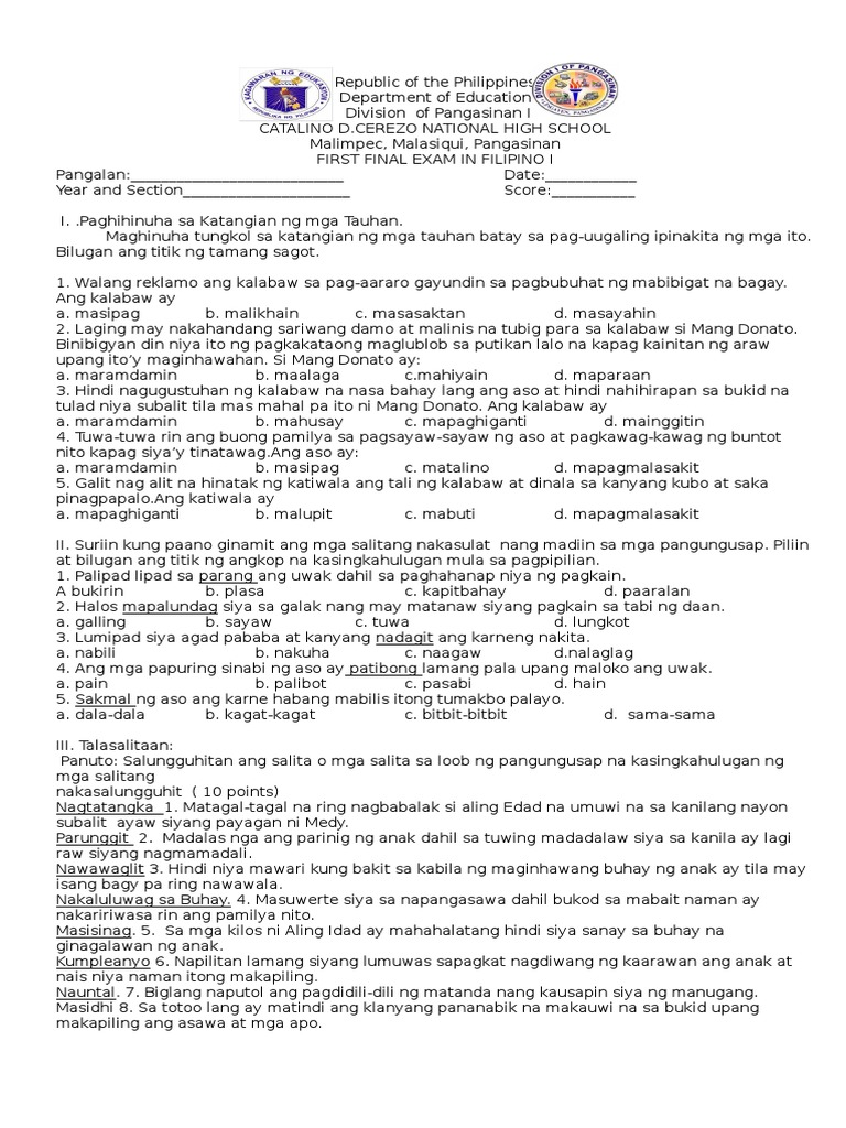 Filipino I Exam | PDF