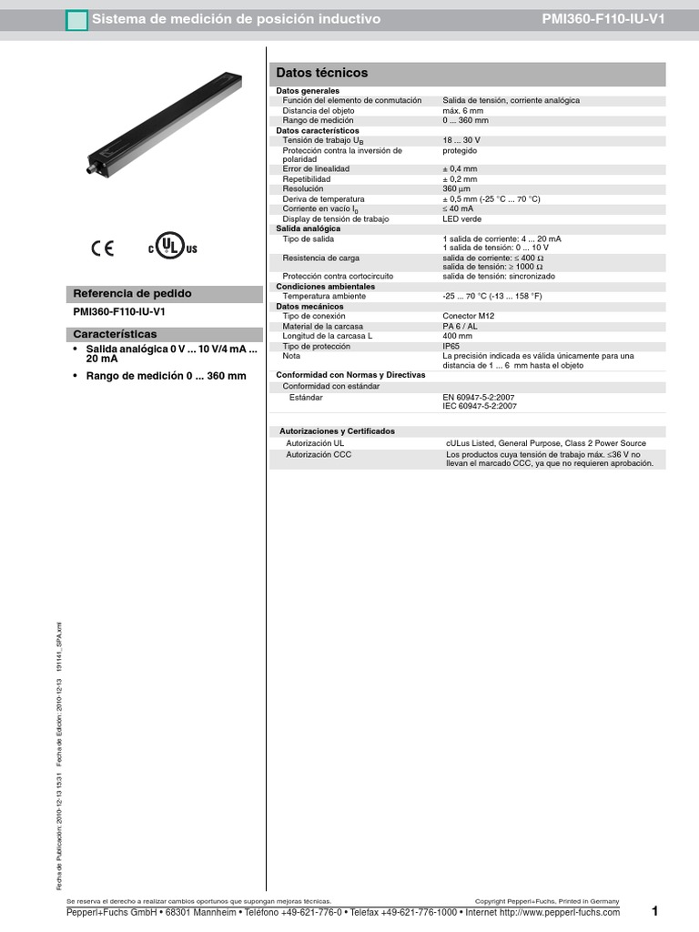 Sensor de Posicionamiento Lineal PMI360-F110-IU-V1 | PDF | Medición ...
