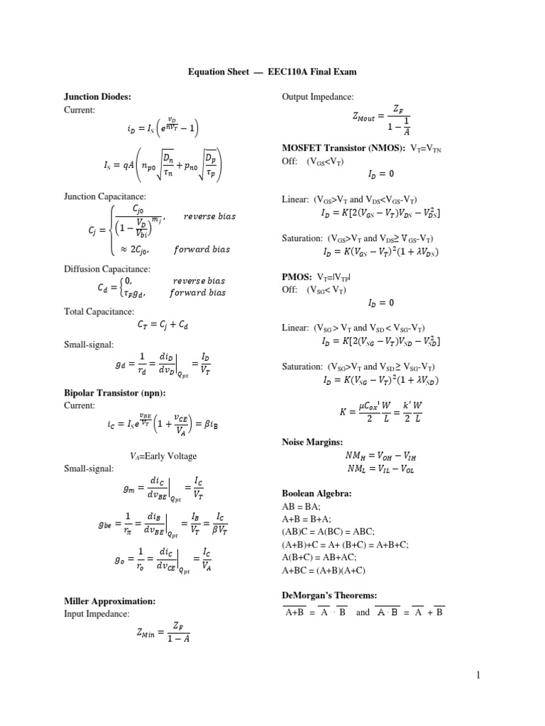 Equation Sheet Final Exam Draft | PDF