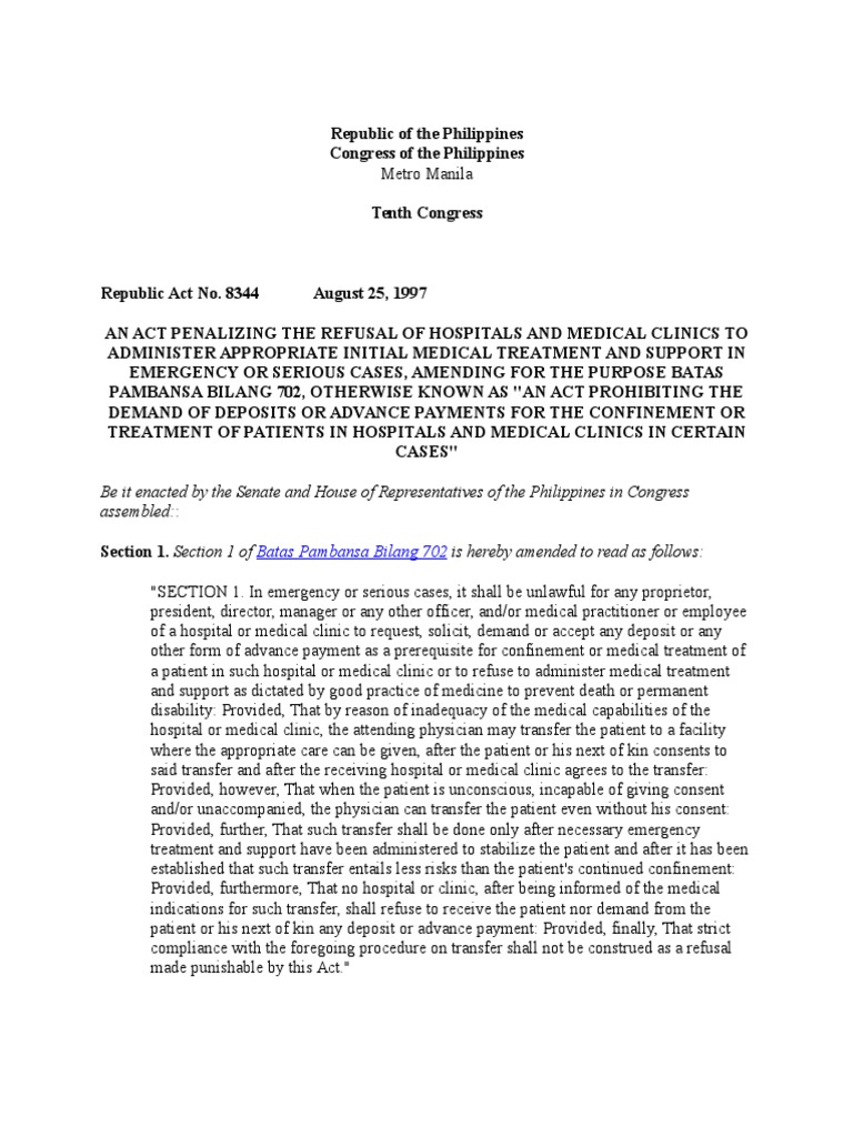 RA 8344 and IRR On Hospital Deposit | PDF | Patient | Hospital