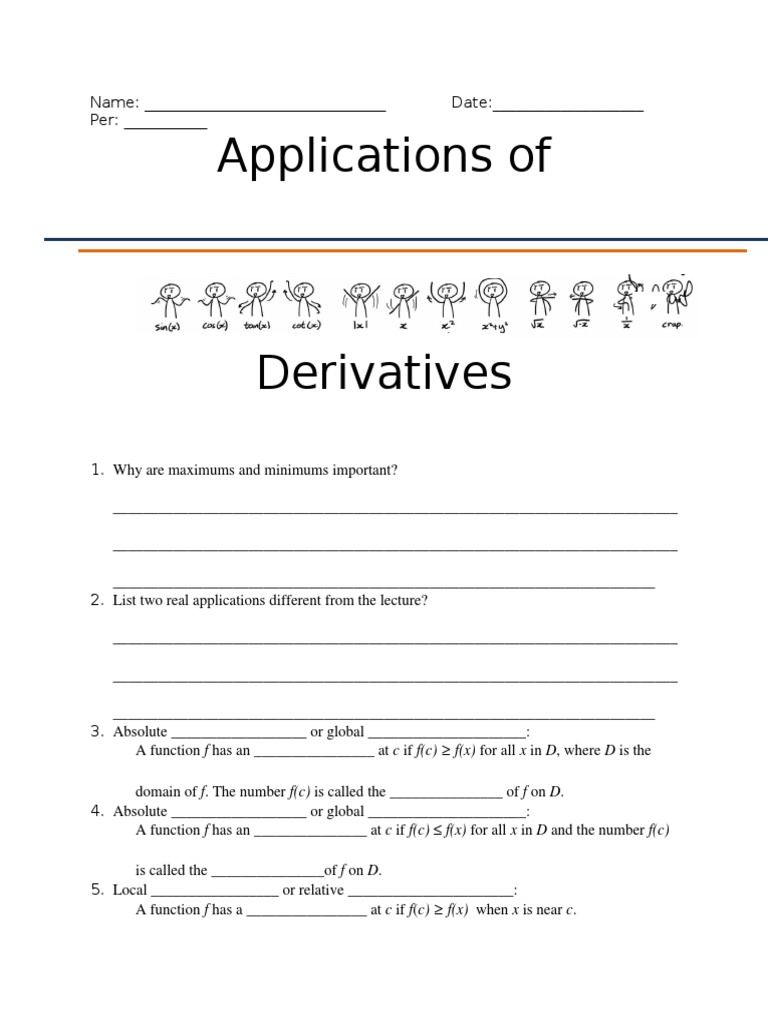 Applications of Derivatives Worksheet | PDF