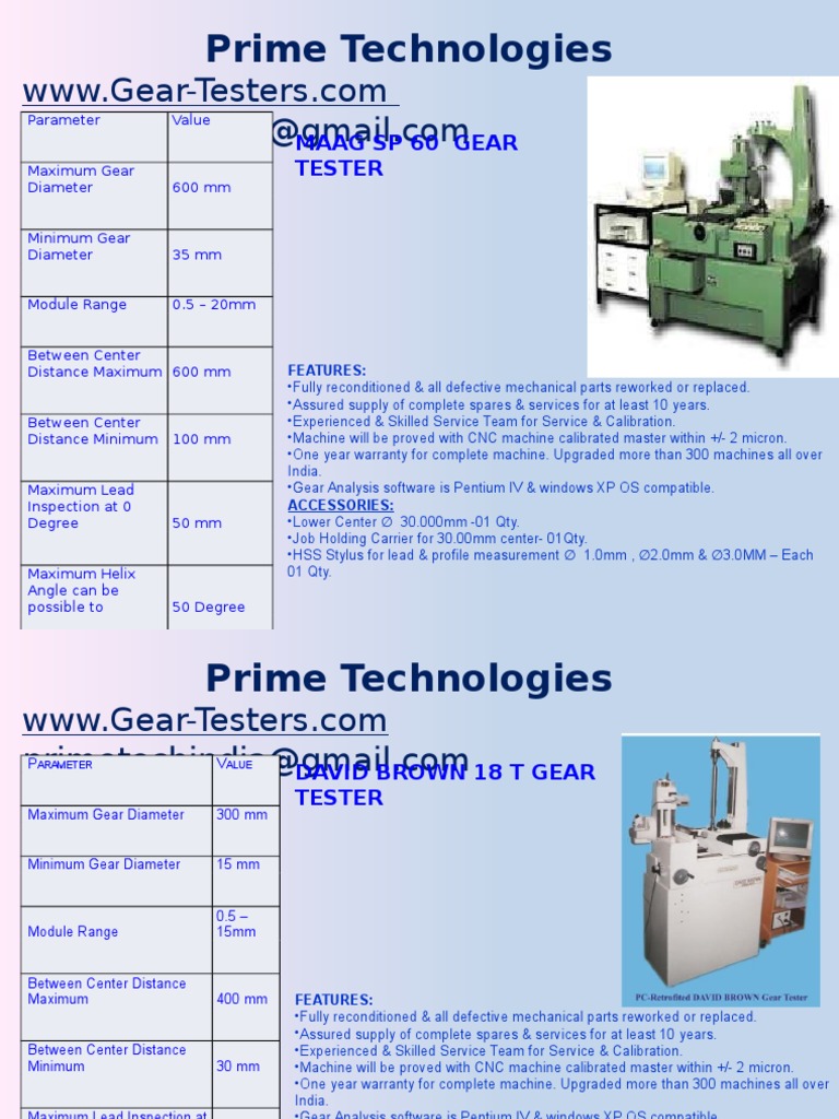 Gear Testers Specifications and Features | PDF | Gear | Calibration