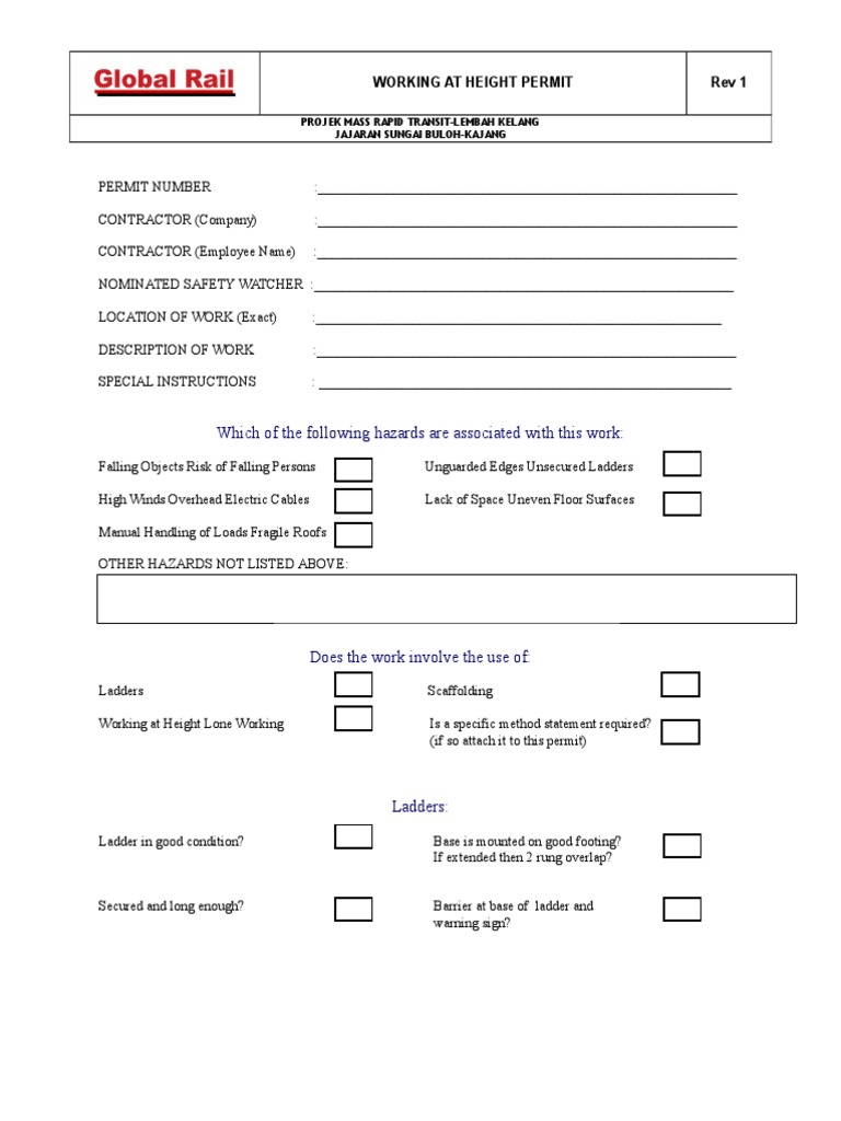 Permit Working at Height | Download Free PDF | Scaffolding | Ladder