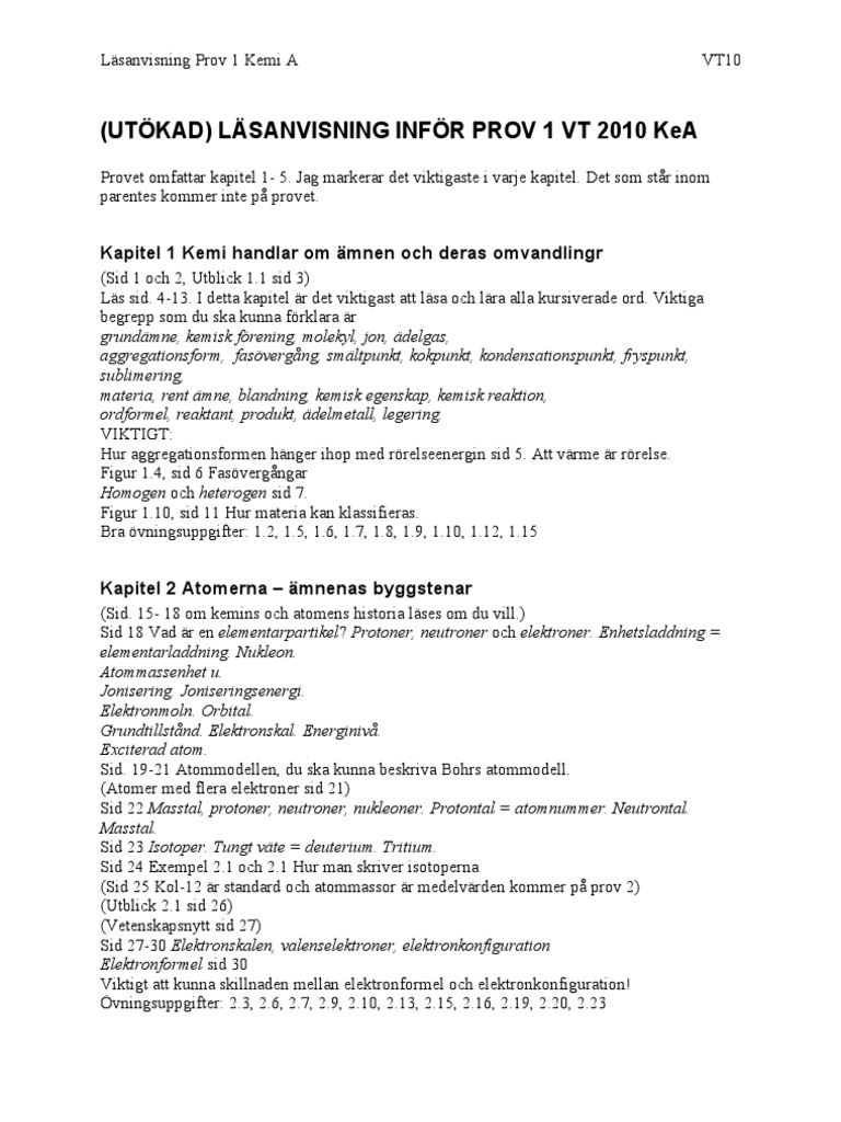 Läsanvisning Prov 1 Kemi A | PDF