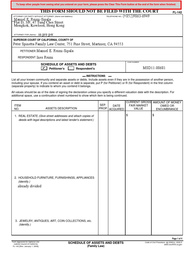 California FL-142 Asset & Debt Schedule | PDF | Debt | Loans