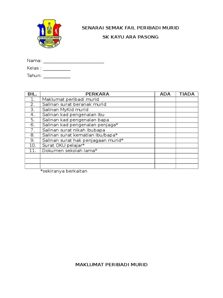 Senarai Semak Fail Peribadi Murid | PDF