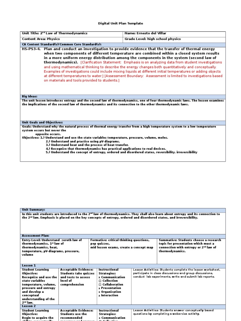 Digital Unit Plan Template Unit Title: 2 Law of Thermodynamics Name ...