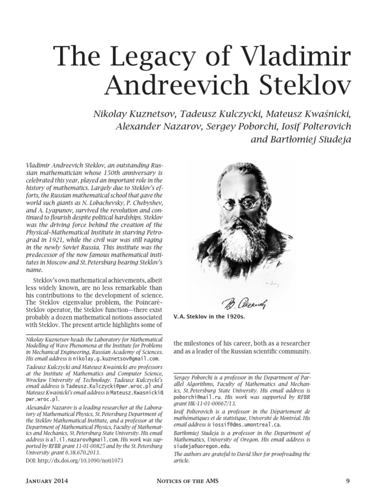 The Legacy of Vladimir Steklov | PDF | Eigenvalues And Eigenvectors | Mathematical Analysis