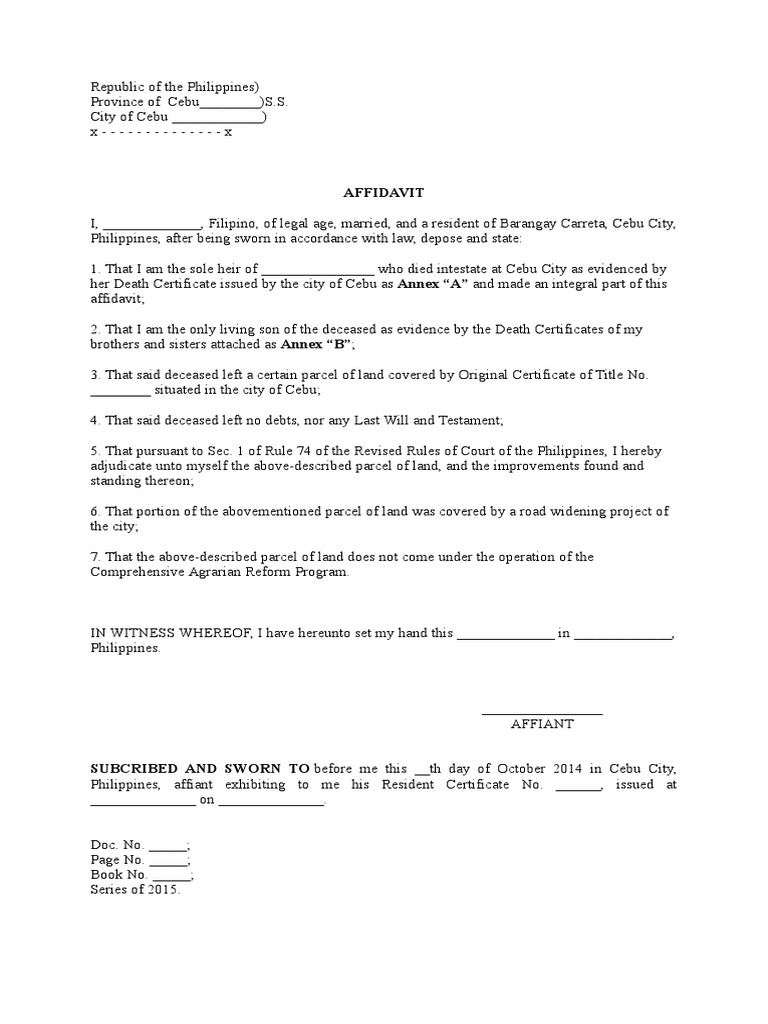Sole Heir Affidavit for Property Claim | PDF