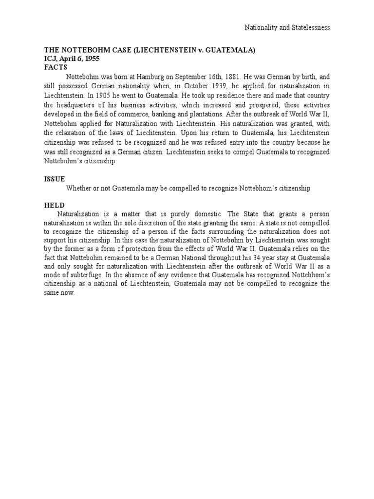 The Nottebohm Case (Liechtenstein V. Guatemala) ICJ, April 6, 1955 ...