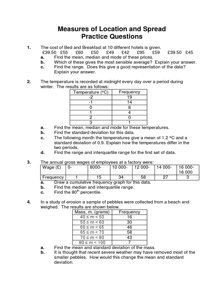 Location and Spread Practice Questions | PDF | Teaching Methods & Materials
