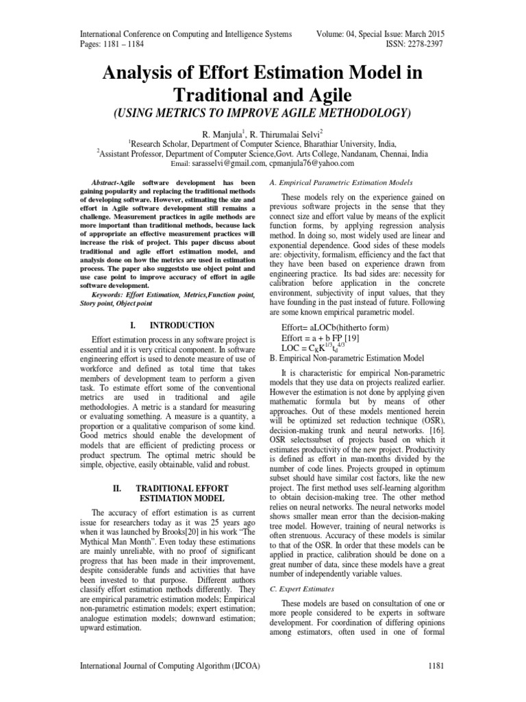 Analysis of Effort Estimation Model in Traditional and Agile (USING ...