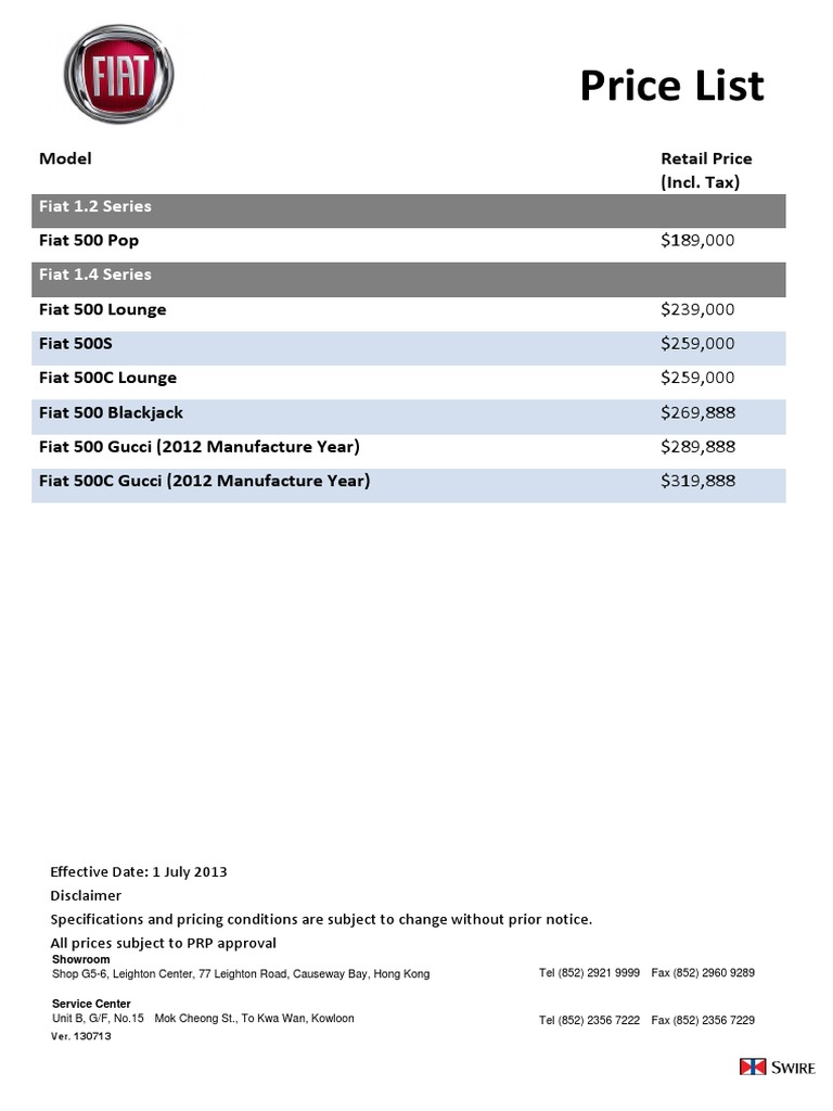 Fiat 500 Price List for Hong Kong | PDF | Business | Finance & Money ...