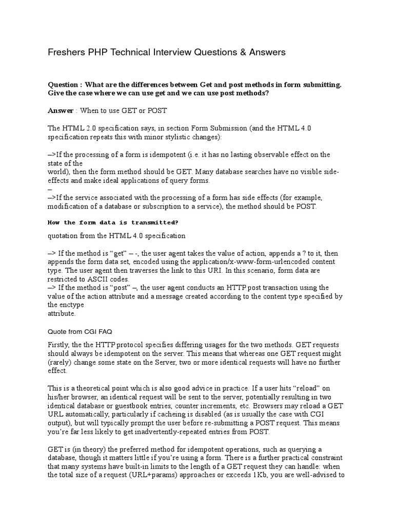 Freshers PHP Technical Interview Questions | PDF | Class (Computer Programming) | Hypertext ...