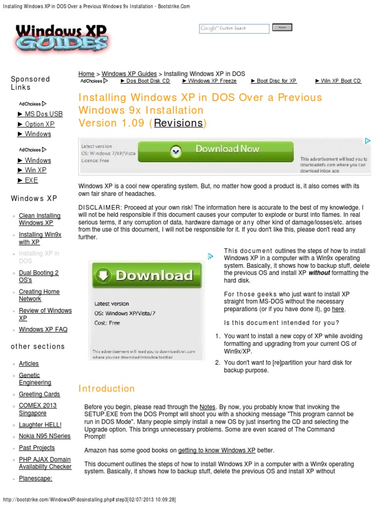 Installing Windows XP in DOS Over A Previous Windows 9x Installation ...