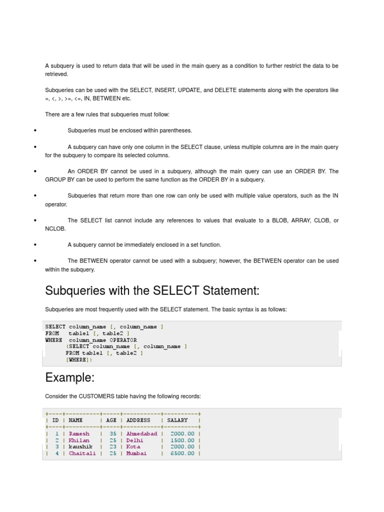 Subqueries With The SELECT Statement:: Ramesh Ahmedabad Khilan Delhi Kota Chaitali Mumbai | PDF ...