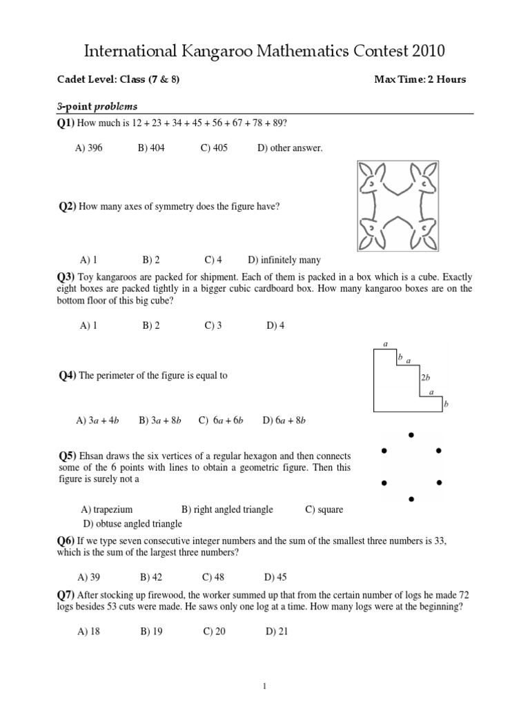 International Kangaroo Mathematics Contest 2010: Cadet Level: Class (7 ...