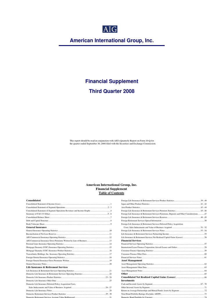 AIG Q3 2008 Financial Summary | PDF | Life Insurance | American ...