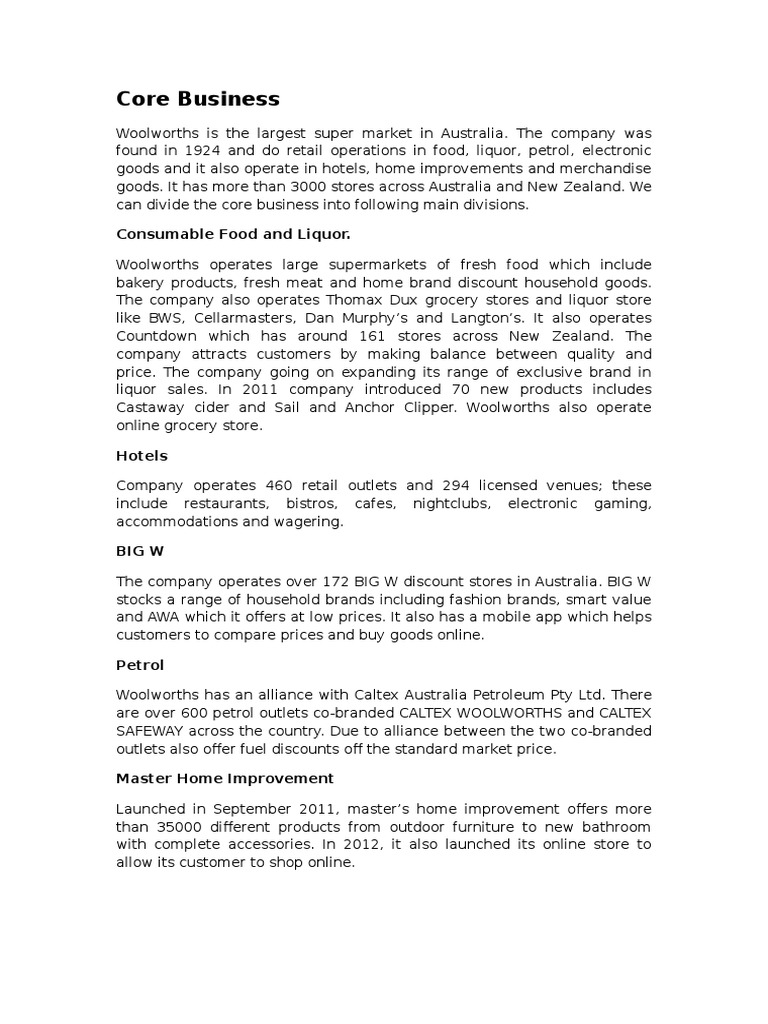 Woolworths' Core Businesses and Financial Analysis | PDF | Leverage ...