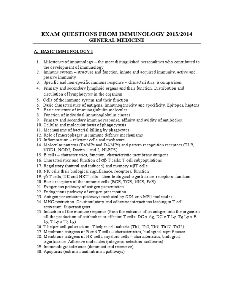Exam Questions From Immunology 2013/2014: General Medicine | PDF ...