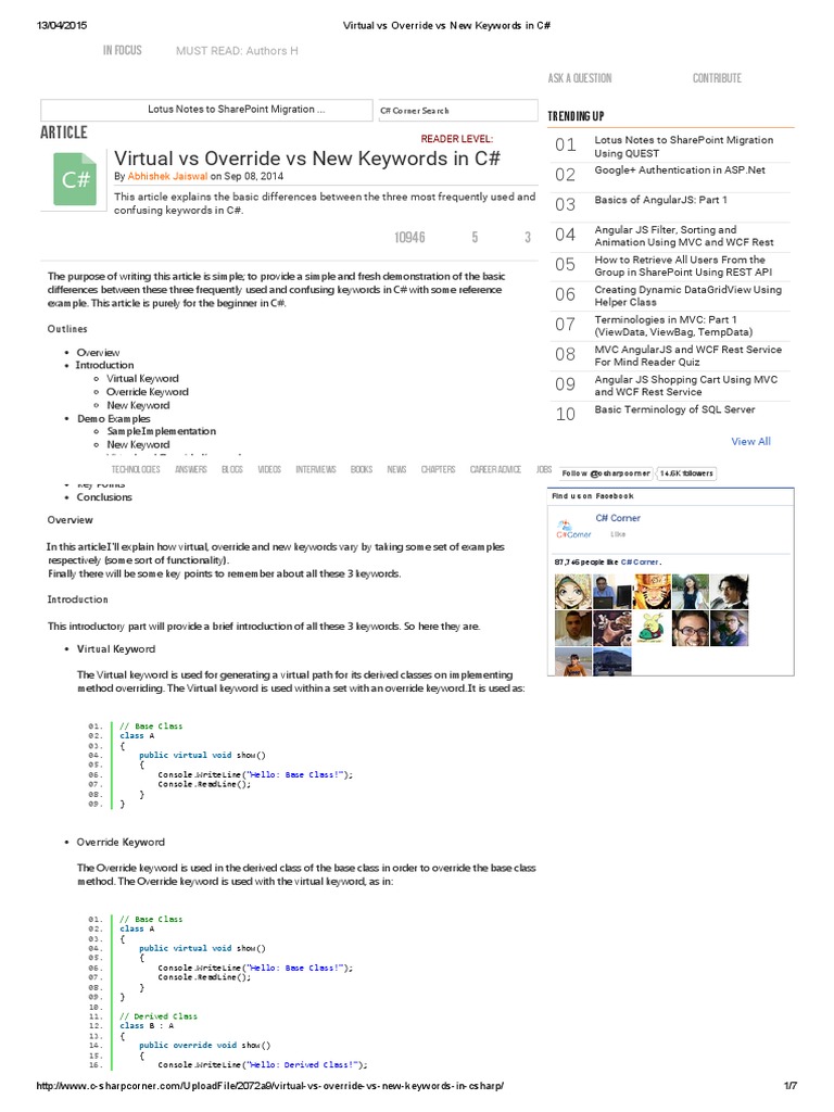 Virtual Vs Override Vs New Keywords in C# | PDF | Method (Computer Programming) | C Sharp ...