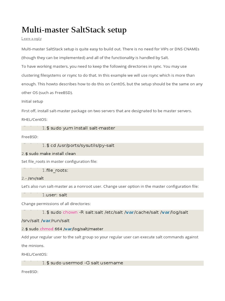 Multi-Master Saltstack Setup: $ Sudo Yum Install Salt-Master | PDF | Sudo | System Software