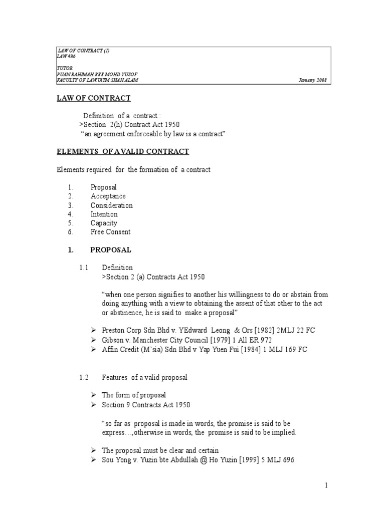 Law of Contract (1) 436- Outline | Consideration | Offer And Acceptance