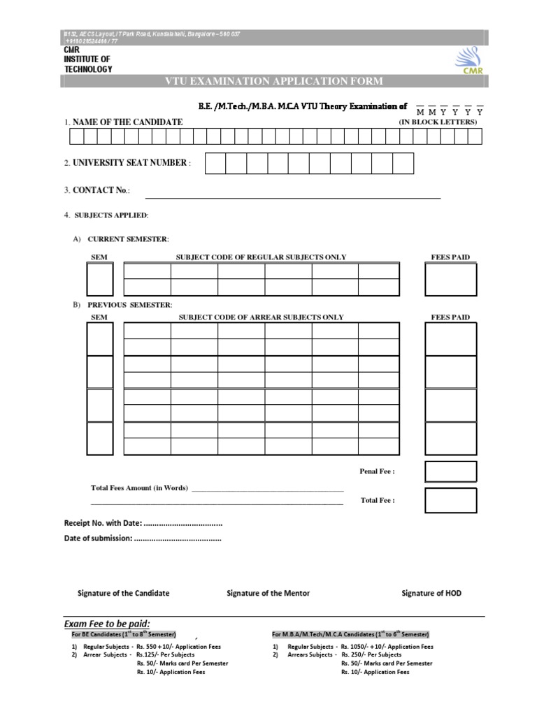 VTU Exam Application Form | PDF