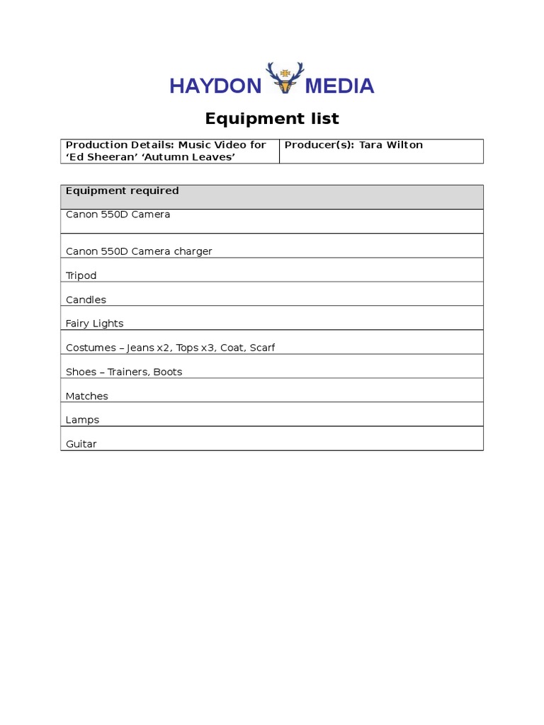 Music Video Equipment List for Ed Sheeran | PDF