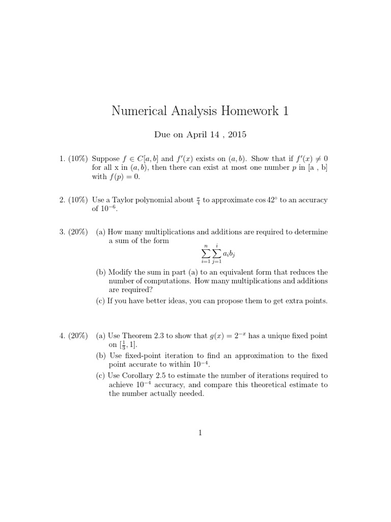 Numerical Analysis Homework 1: Due On April 14, 2015 | PDF