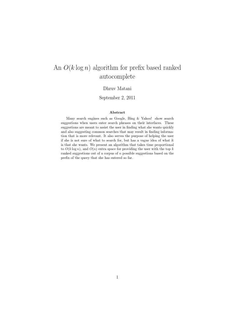 An O (K Log N) Algorithm For Prefix Based Ranked Autocomplete | PDF | Software | Computer ...