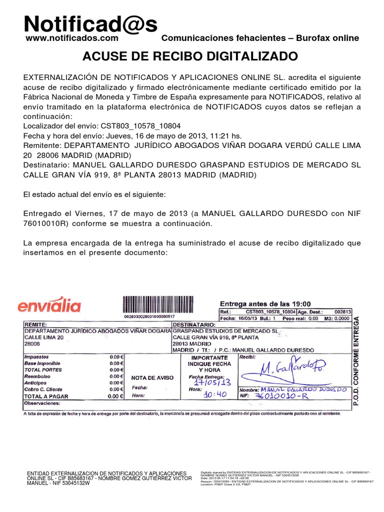 Ejemplo: Acuse de Recibo de Burofax Postal Creado en Notificad@s | PDF | Business
