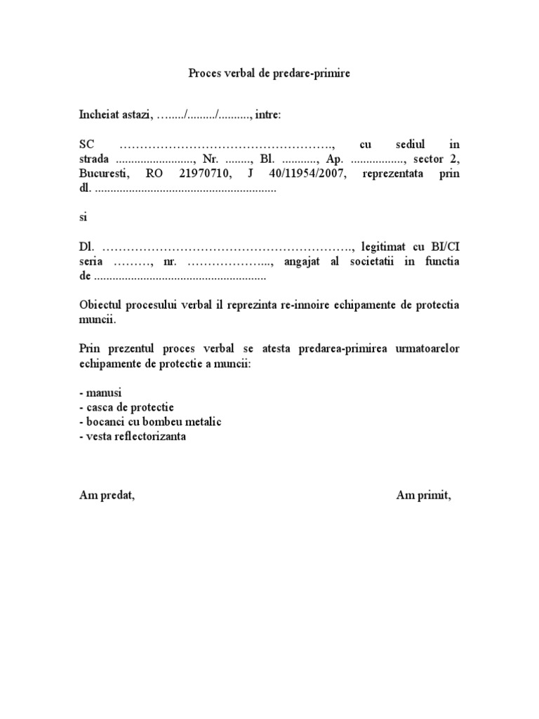 Proces Verbal Predare Primire Echipamente Scribd | PDF
