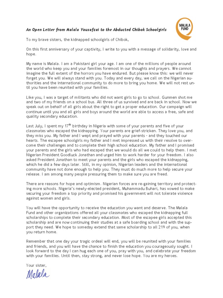 Malala Letter To Chibok Girls 13/04/2015 | PDF | Violence | Kidnapping