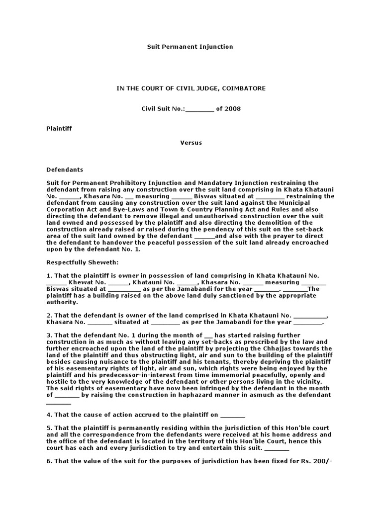 Suit Permanent Injunction | Download Free PDF | Affidavit | Lawsuit