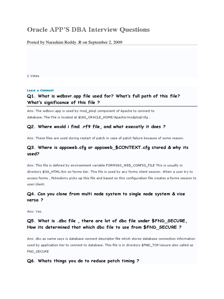 Oracle APP'S DBA Interview Questions: Posted by Narashim Reddy .R On September 2, 2009 | PDF ...
