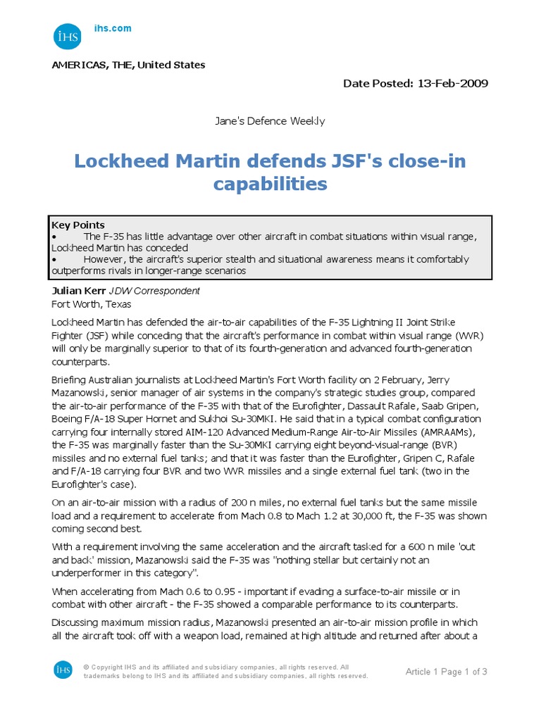 Lockheed Martin Defends JSF's Close-In Capabilities | PDF