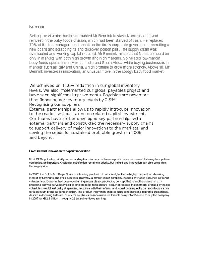Numico's Strategic Transformation and Innovation | PDF